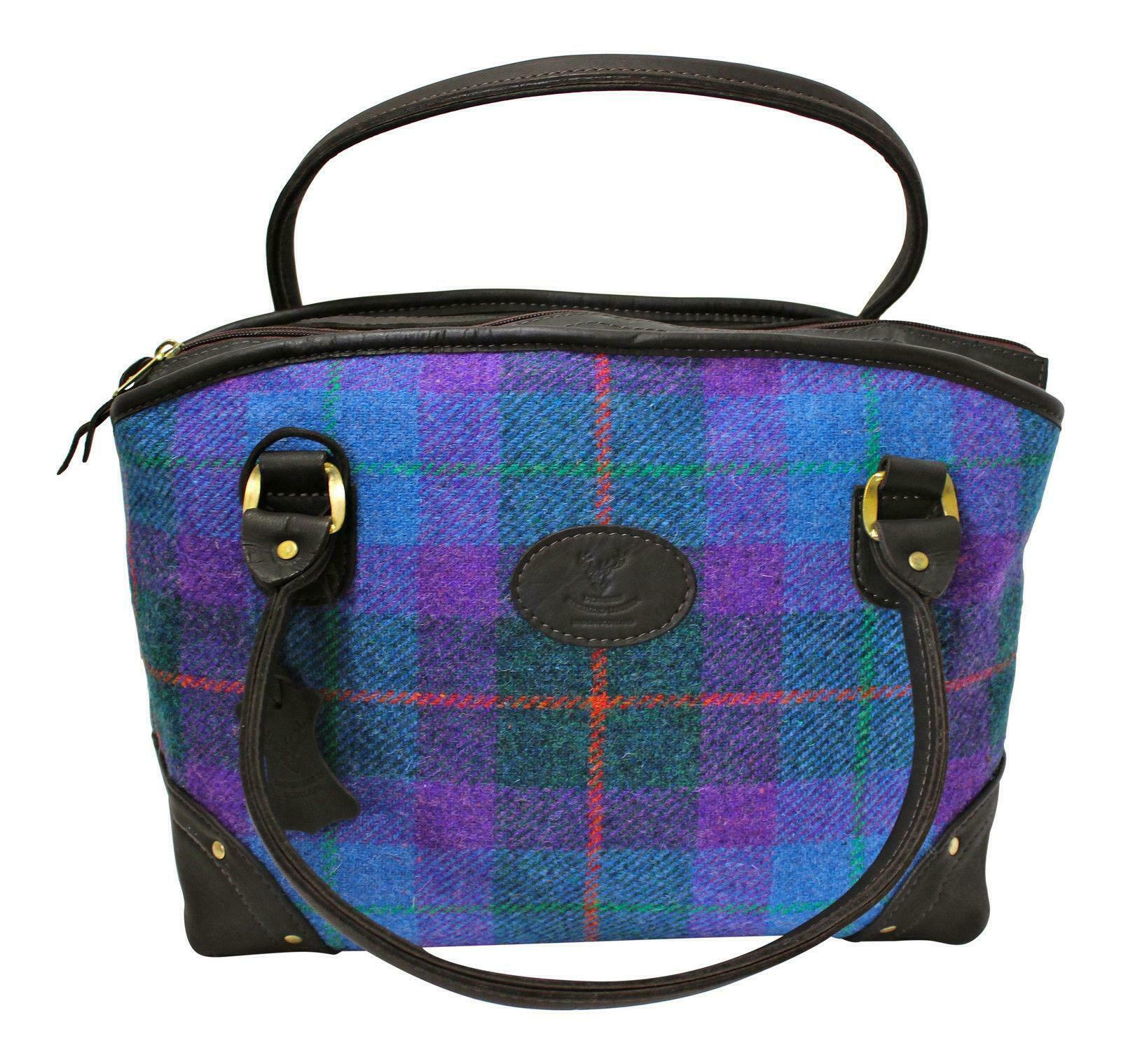 Scottish Deerskin Leather Purple & Blue Tartan Harris Tweed Large Soph ...